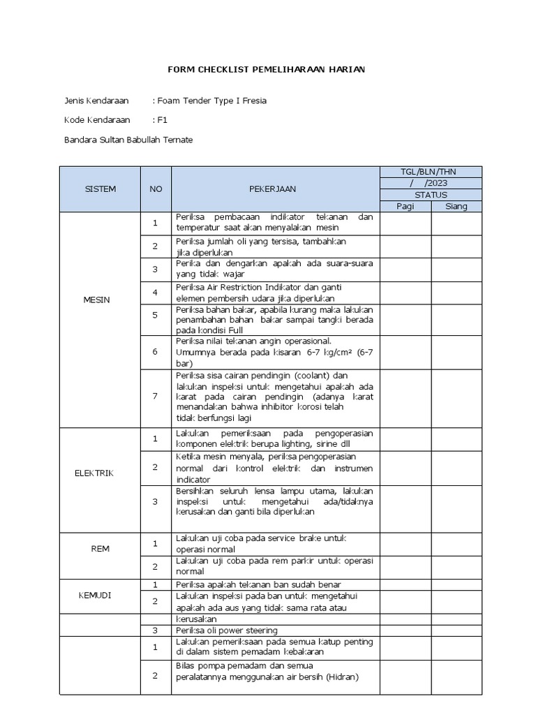 Form Checklist Pemeliharaan Harian | PDF