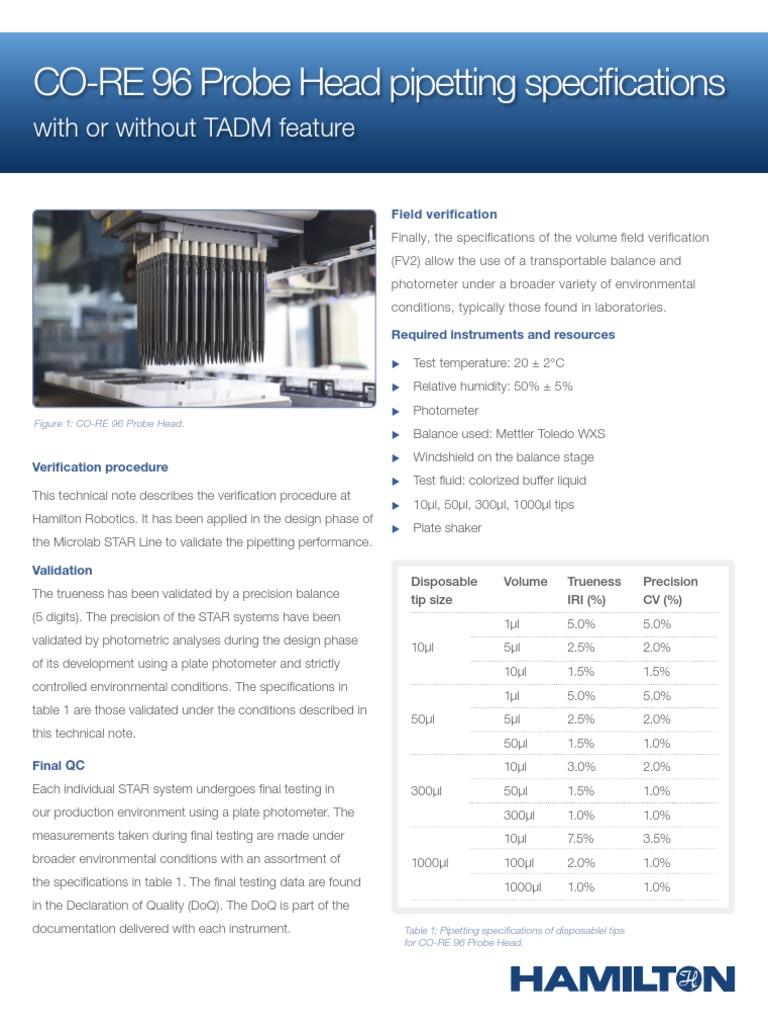 Hamilton Nimbus TN 1405 02 CO RE 96 Probe Head Pipetting Specs V2 ...