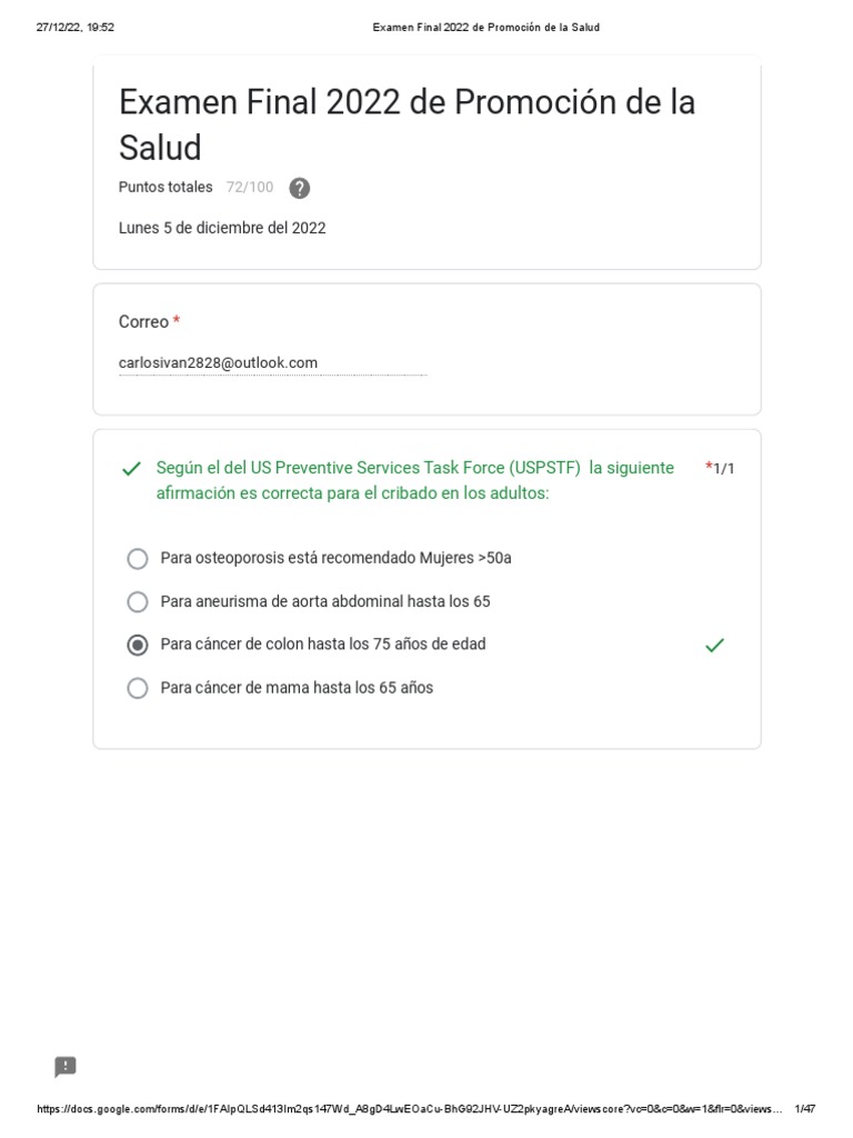 Examen Final 2022 de Promoción de La Salud PDF | PDF