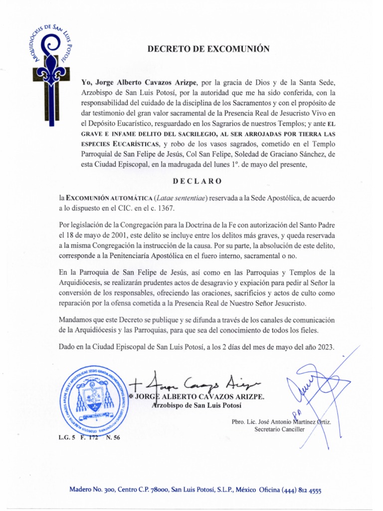 Decreto Excomunión sacrilegio en la P. San Felipe de Jesús.pdf | PDF