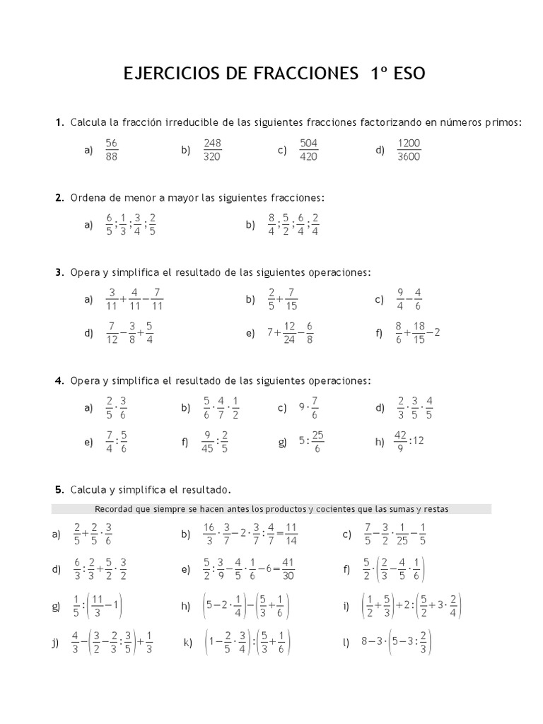 Ejercicios de Fracciones 1º ESO | PDF | Métodos y materiales de ...