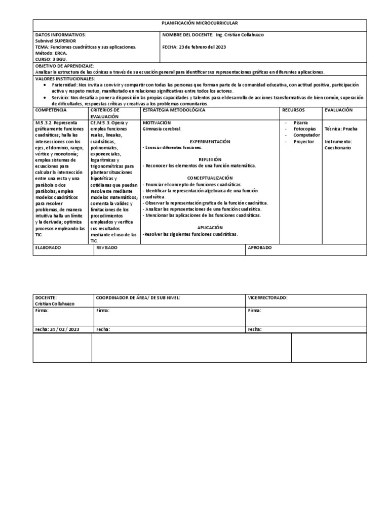 Planificación ERCA: Funciones Cuadráticas | PDF