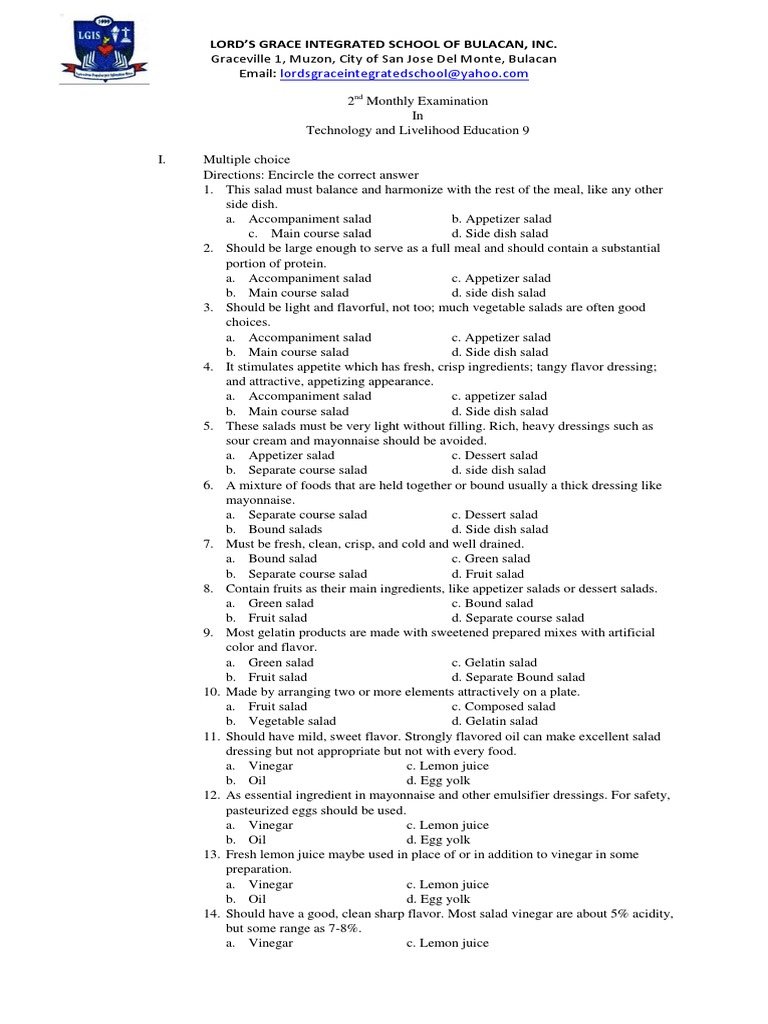 TLE 9 Examination (Sample) | PDF | Salad | Vinegar