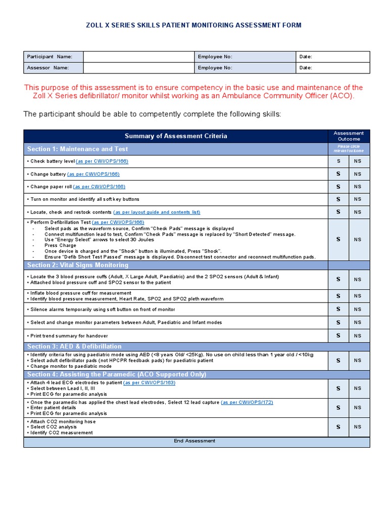 ZOLL X Series Competency Assessment Form | PDF