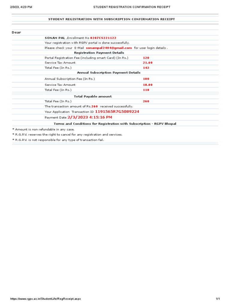 Student Registration Confirmation Receipt PDF | PDF