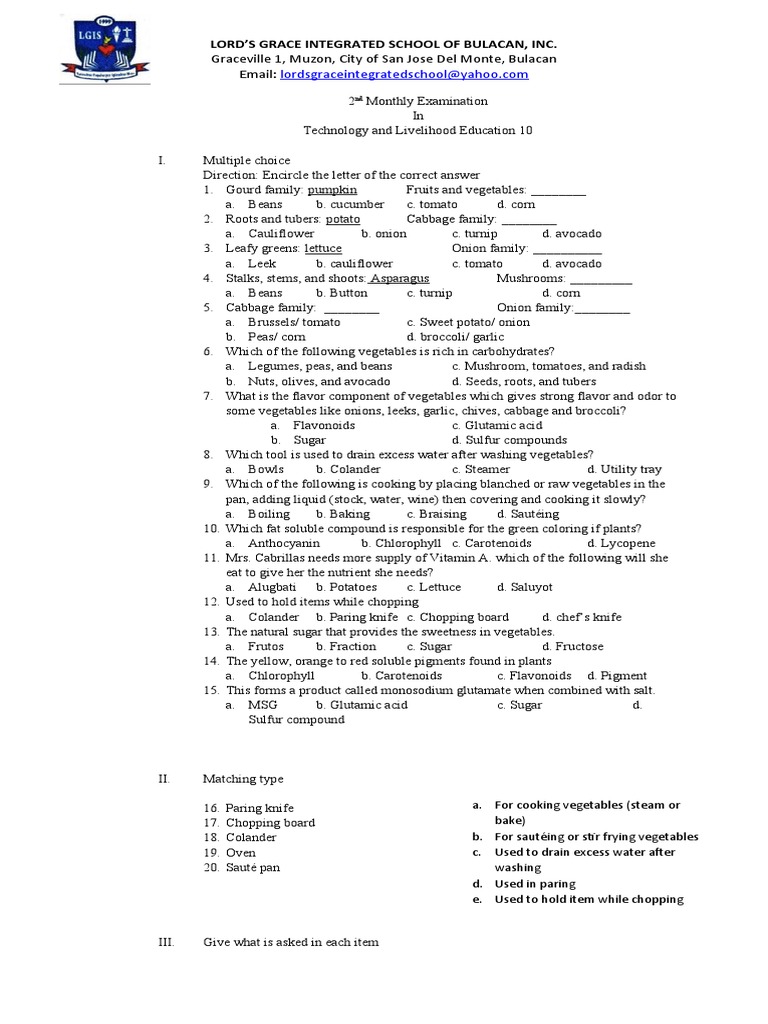 TLE 10 Examination (Sample) | PDF