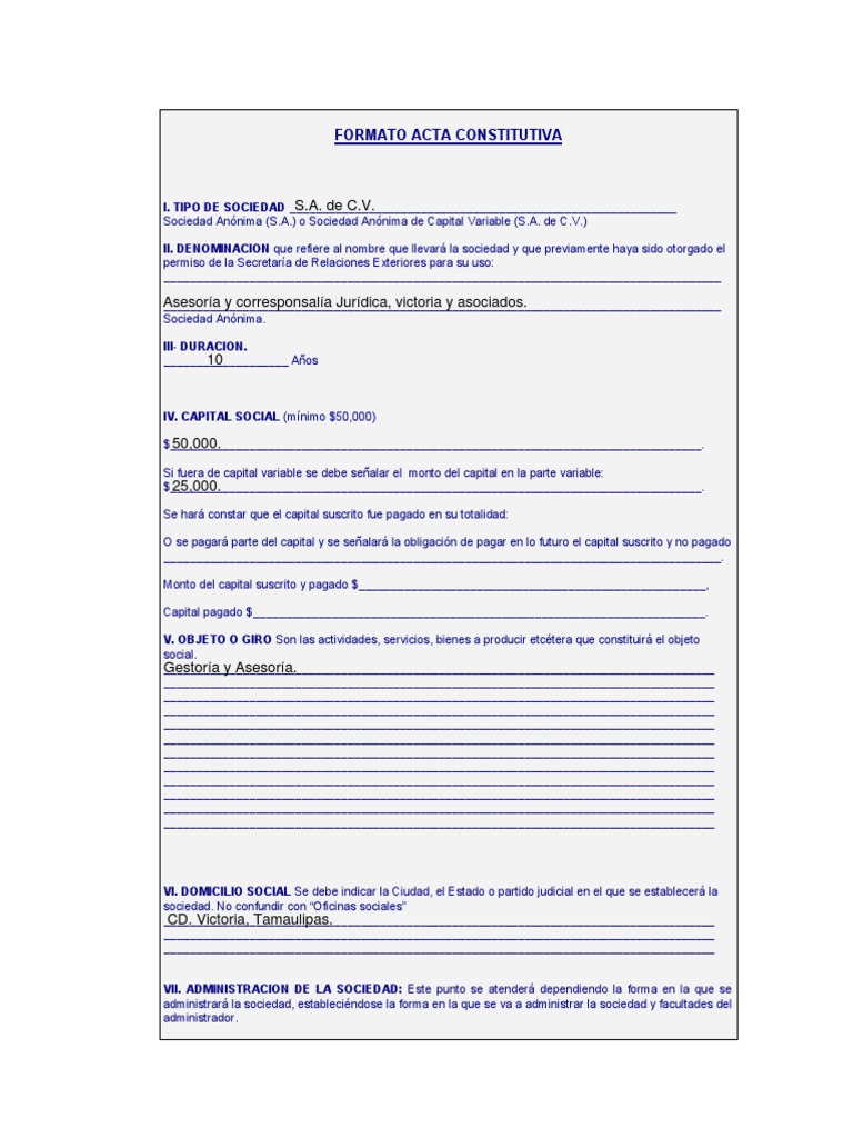Formato Acta Constitutiva.2 | PDF | Negocios | Finanzas y dinero