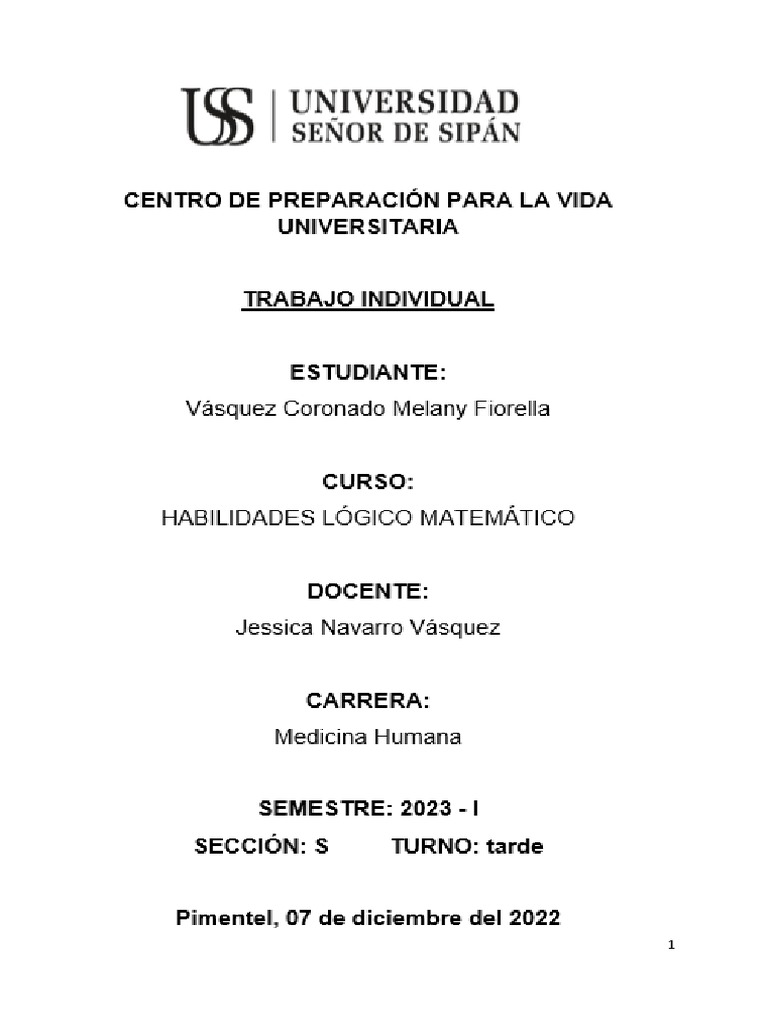 VASQUEZ CORONADO MELANY FIORELLA - Trabajo Individual - Habilidades Lògico Matemàtico | PDF ...
