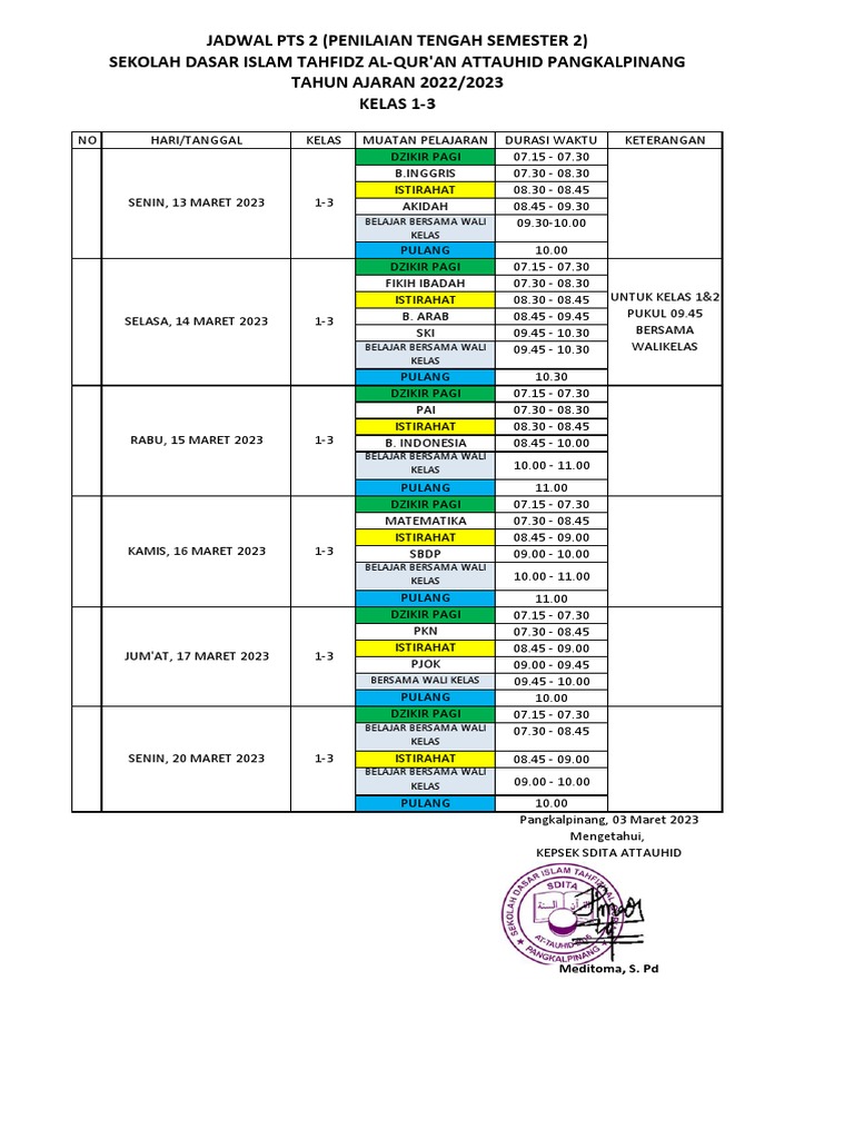 Jadwal PTS SDIT Attauhid 2023 | PDF