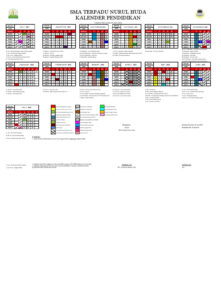 Jabaran Kalender Pendidikan SMA T Nurul Huda 2021-2022 | PDF
