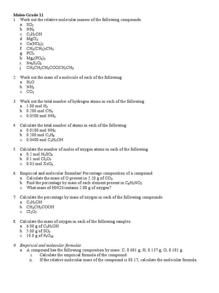 Grade 11 Chemistry: Moles and Stoichiometry | PDF | Science & Mathematics