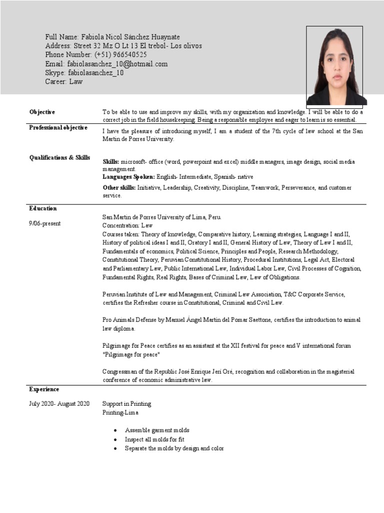 CV Fabiola Nicol Sánchez Huaynate | PDF | Peru | Cognition
