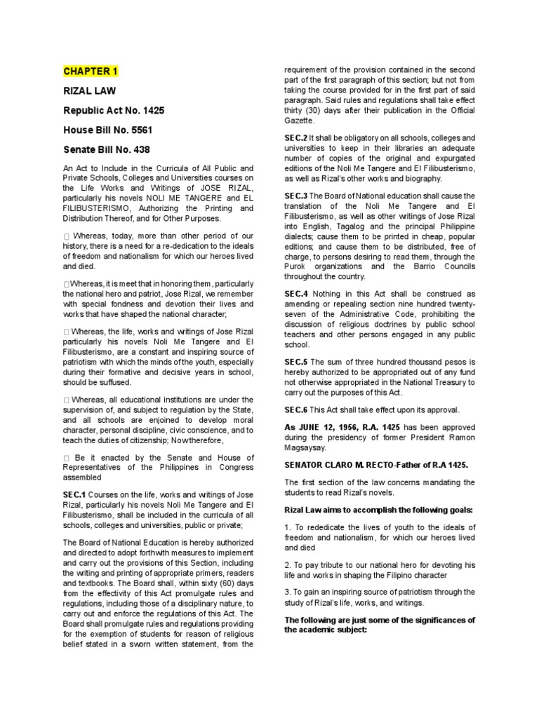 Rizal Law: Education on Jose Rizal's Works | PDF