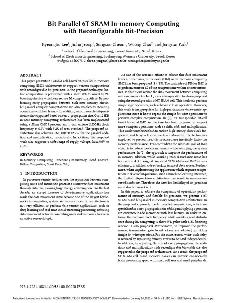 Bit Parallel 6T SRAM In-Memory Computing With Reconfigurable Bit-Precision PDF | PDF