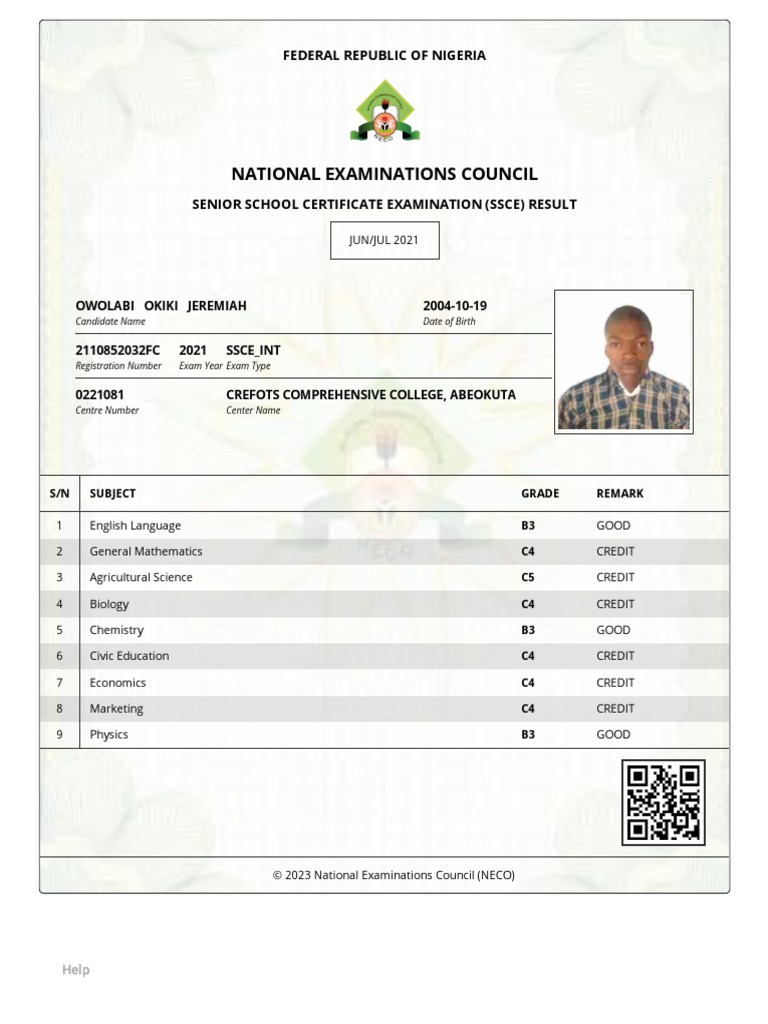 NECO Results - Owolabi Okiki PDF | PDF