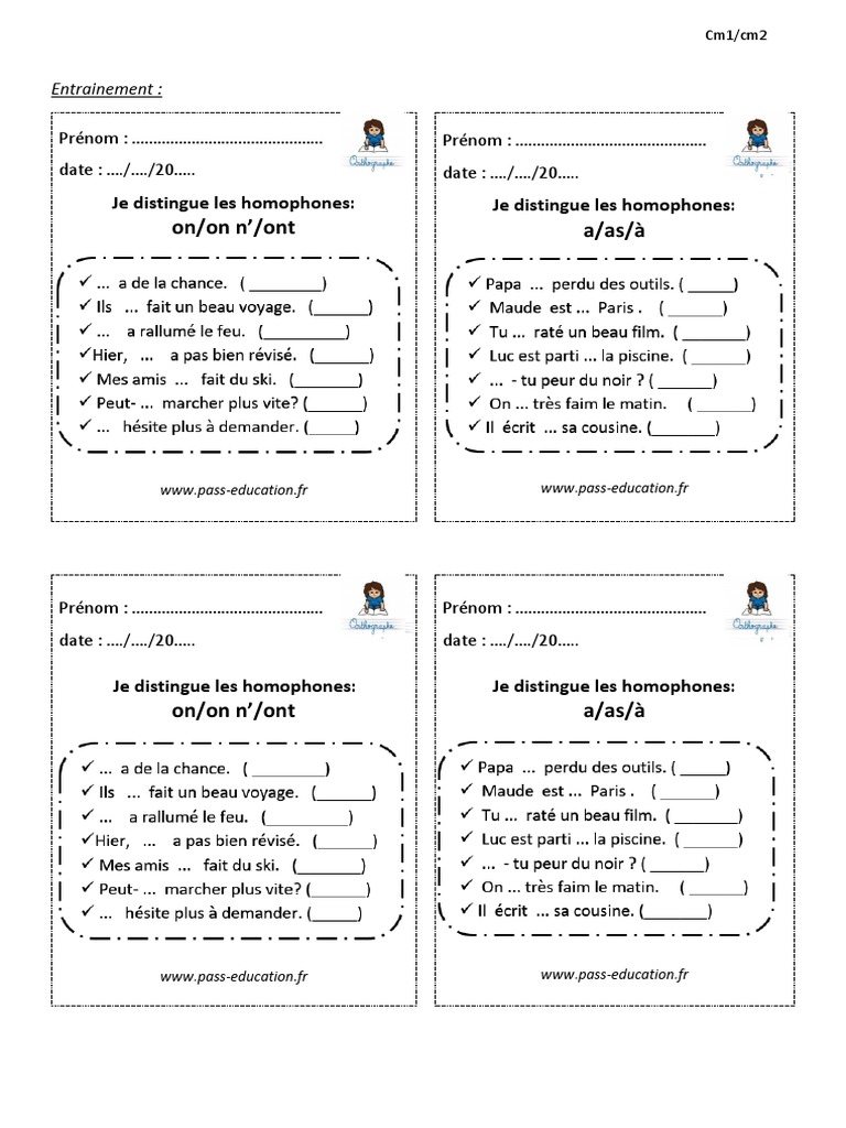 Exercices sur les homophones CM1/CM2 | PDF