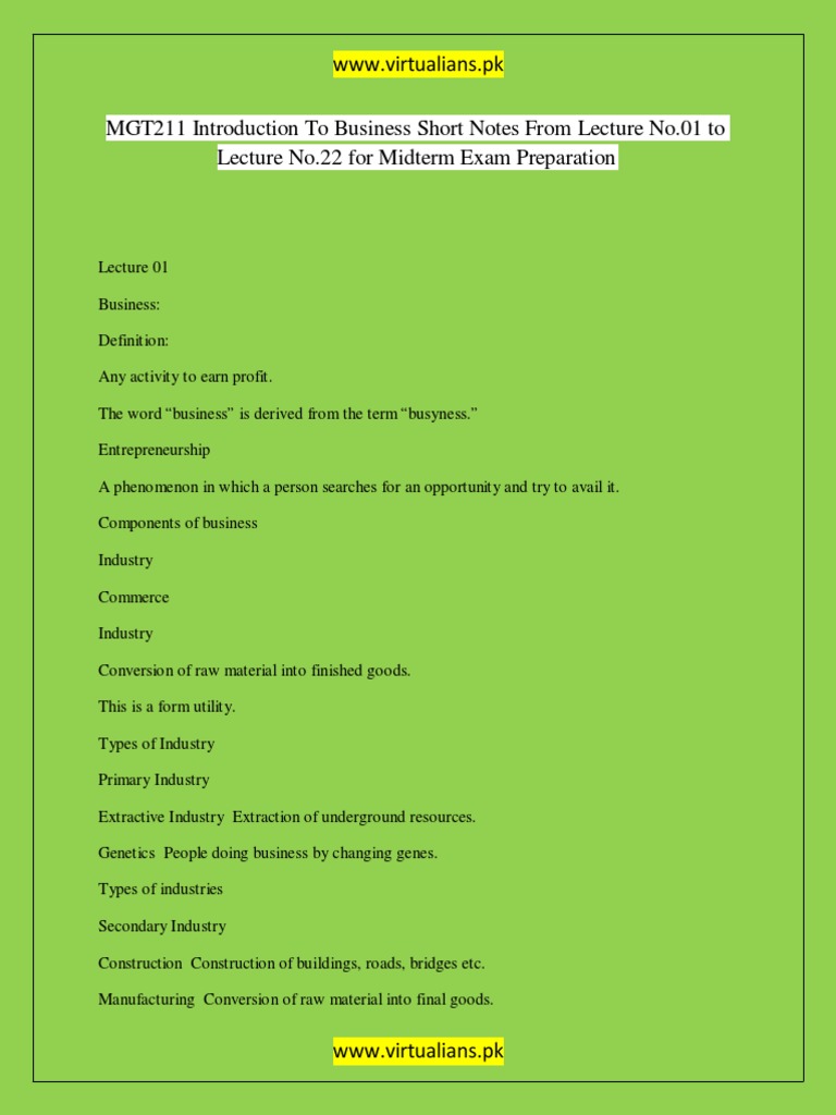 MGT211 Introduction To Business Short Notes From Lecture No.01 To ...