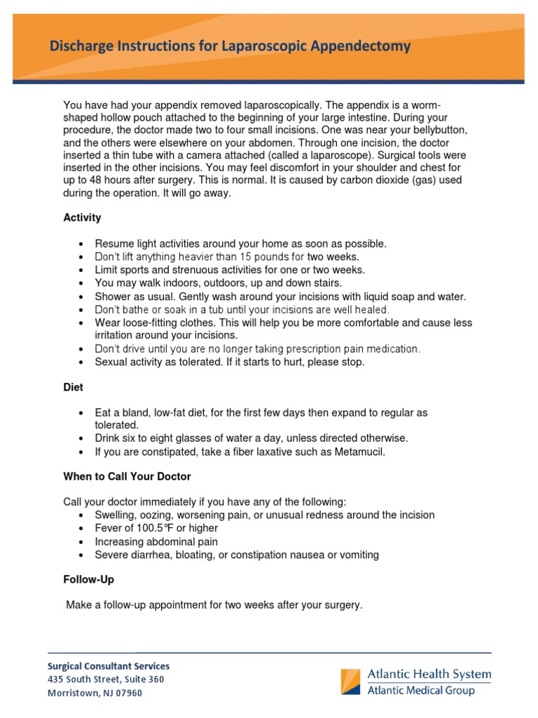 Discharge Instructions For Laparoscopic Appendectomy | PDF