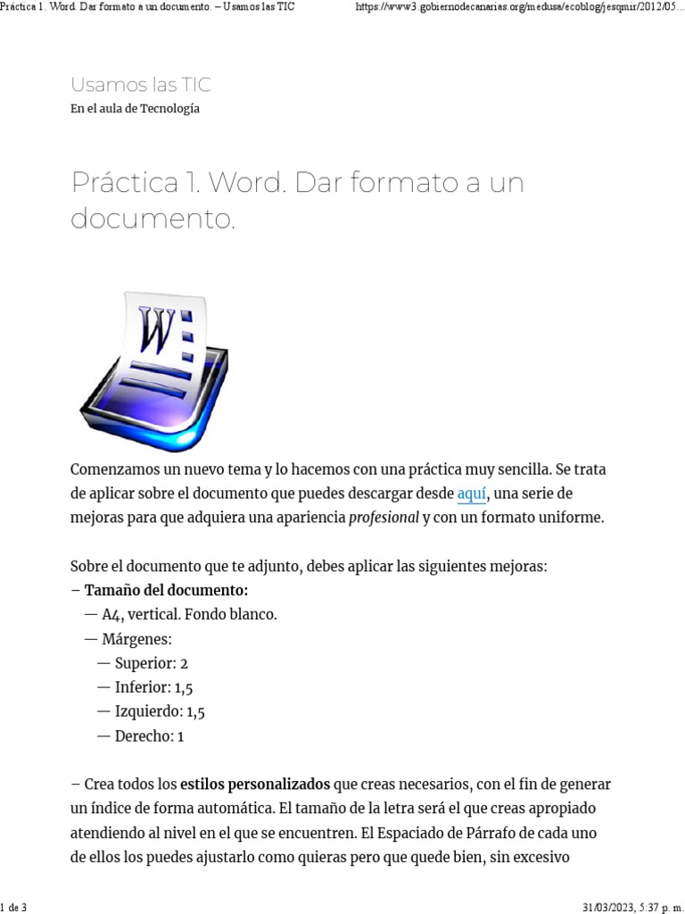 Práctica 1. Word. Dar Formato A Un Documento. - Usamos Las TIC | PDF | Informática | Software