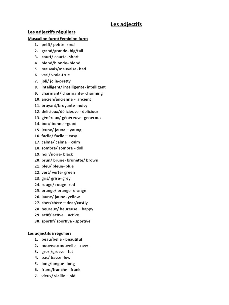Adjectifs en français : formes et règles | PDF | Art