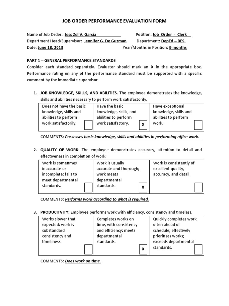 Job Order Performance Evaluation Form | PDF