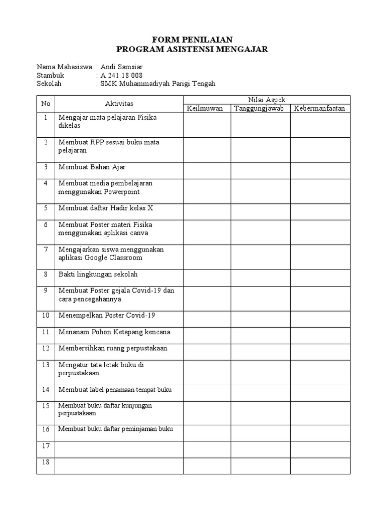 FORM PENILAIAN GURU PAMONG, Kepala Desa, Koordinator DD OK.docx | PDF