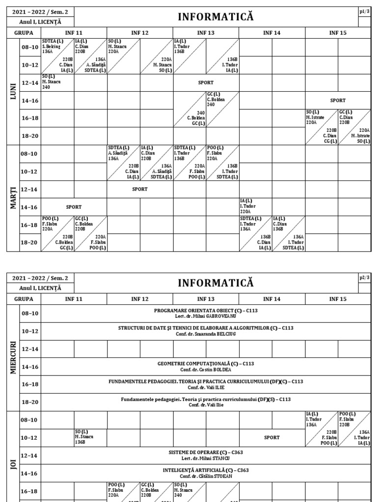 2021 2022 S2 Orar L INF 1 PDF | PDF