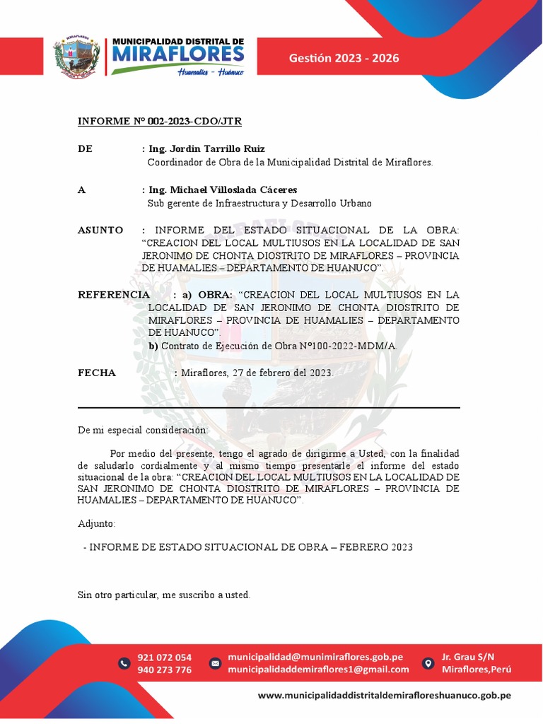 Informe de Situacion Actual de Obra Local Multiusos Chonta Final | PDF ...