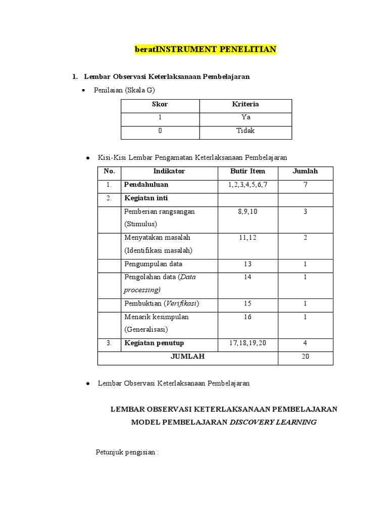 00-Instrumen Penelitian (Lembar Observasi & Angket) | PDF