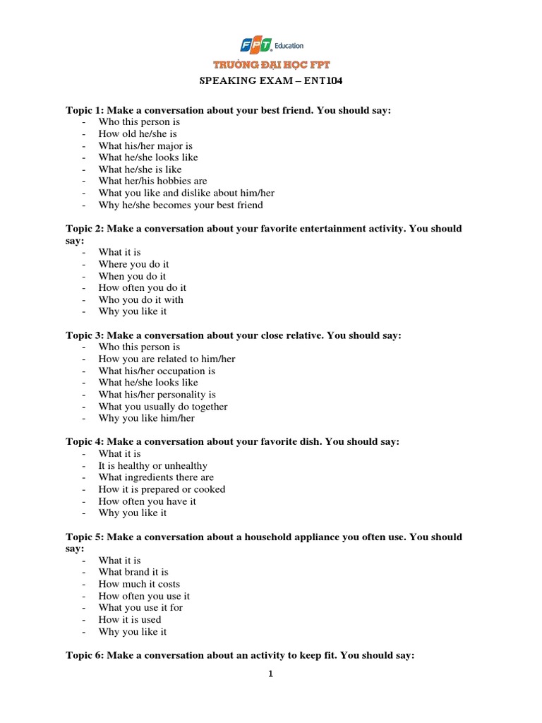 Speaking Exam Topics for ENT104 | PDF | Self-Improvement