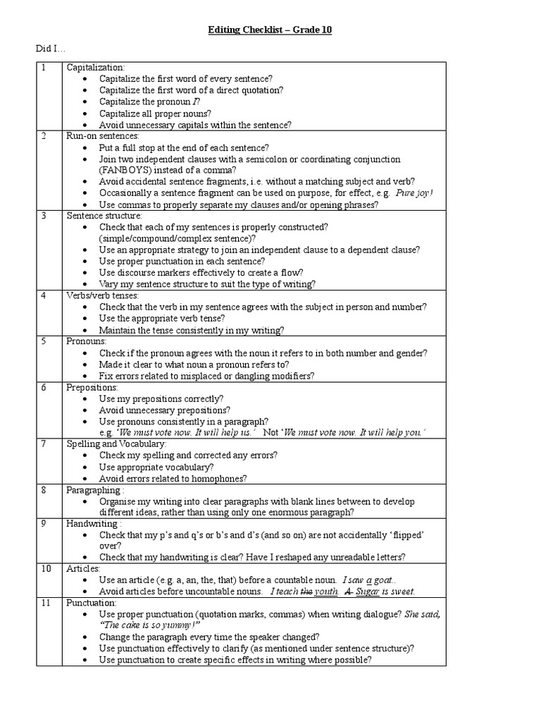 Editing Checklist Grade 10 PDF | PDF | Career & Growth | Language Arts ...