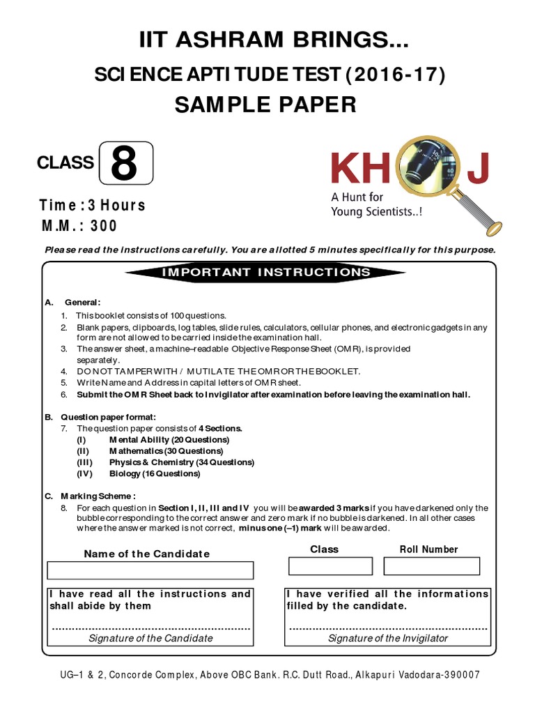 Class 8 IIT Science Aptitude Test Paper | PDF