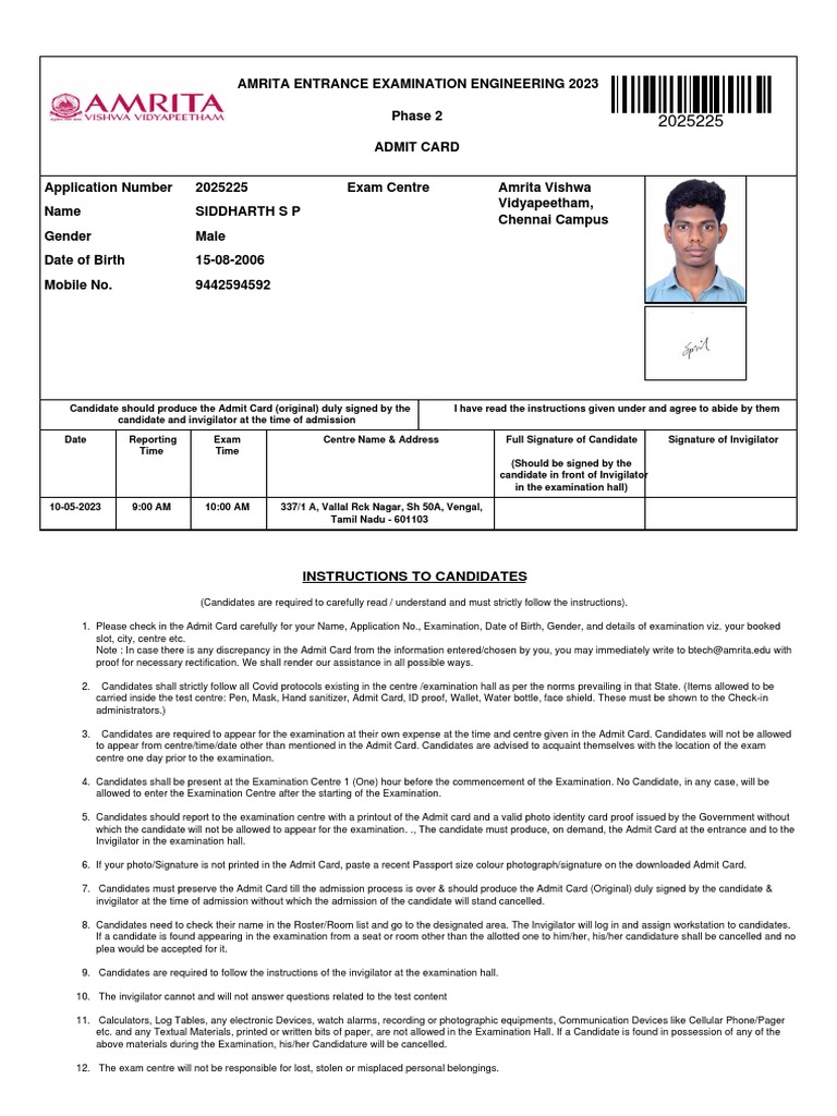 Amrita Btech Admit Card-36170 PDF | PDF