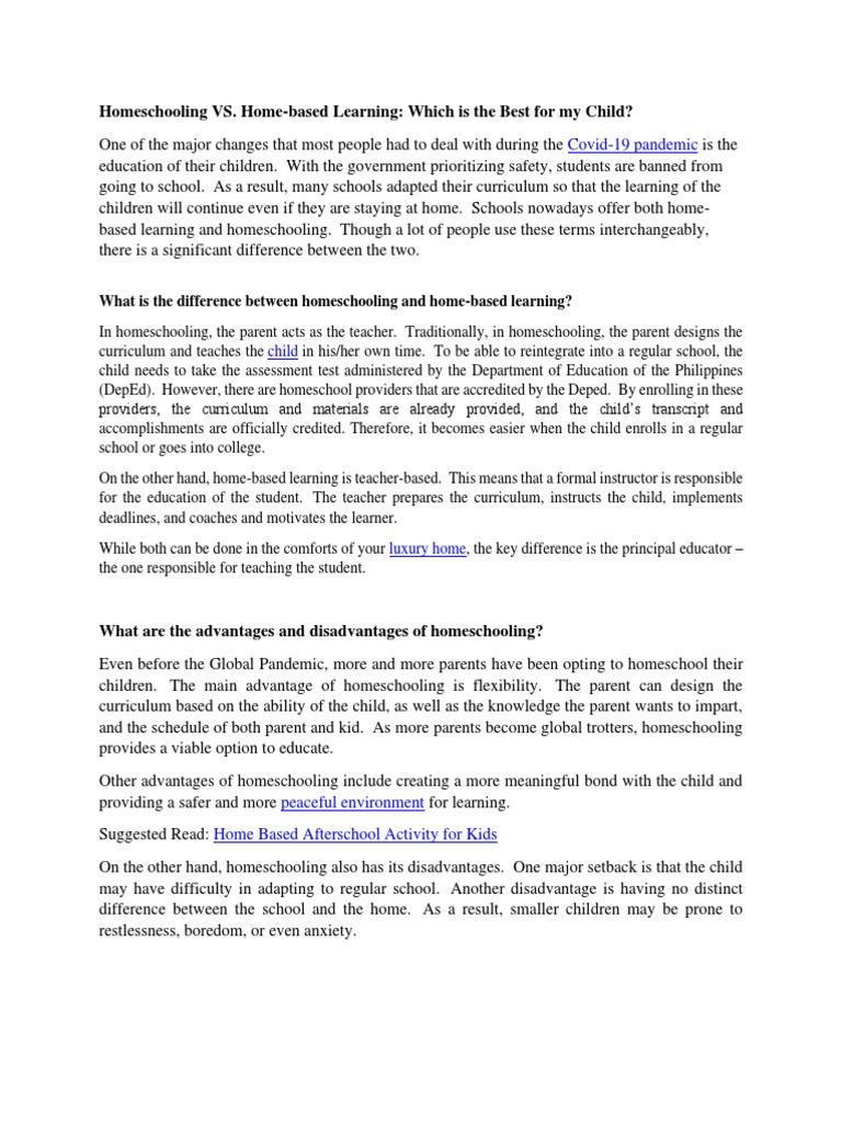 ASSESSMENT FOR HOMESCHOOLING Homeschooling VS Home-Based Learning Which ...