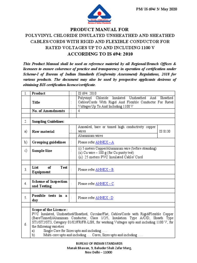 PVC Cable Product Manual IS 694 | PDF | Home & Garden | Technology ...