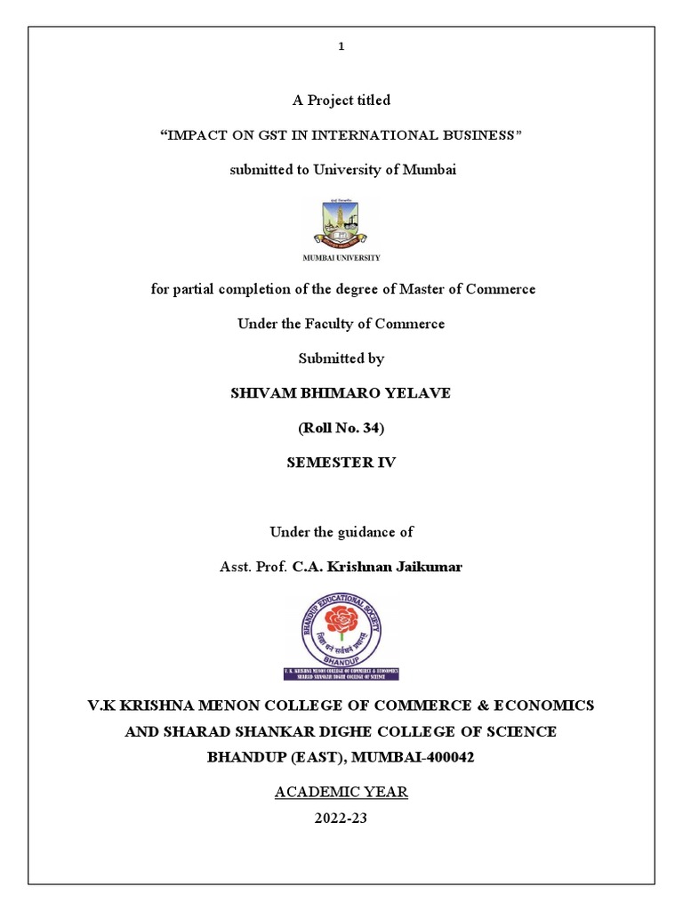 Analysis of the Impact of GST on International Business based on a Master's Project Submitted to ...