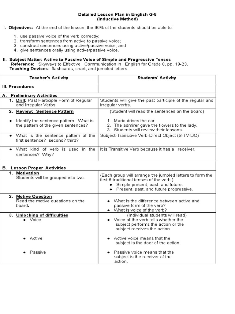 Grade 8 Lesson Plan: Active/Passive Voice | PDF | Verb | Subject (Grammar)