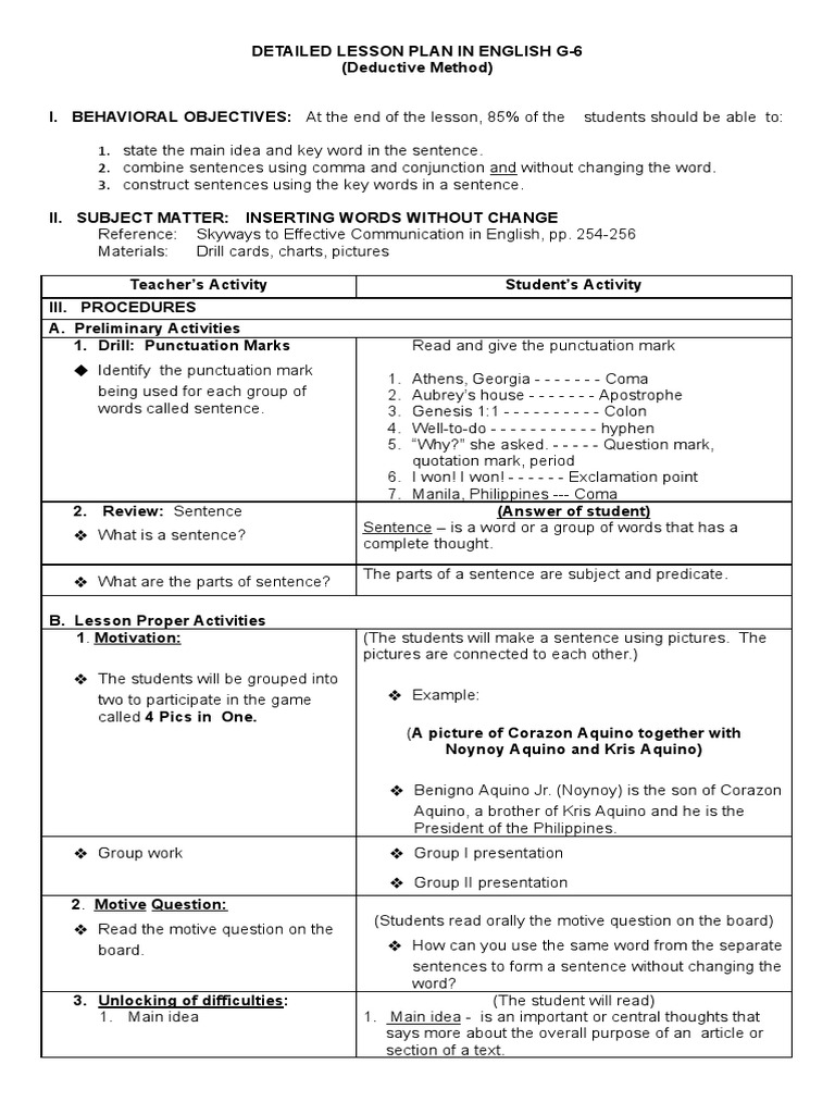 Detailed Lesson Plan in English G-6 Deductive Method PDF | PDF