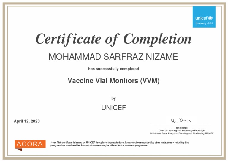 VVM - Course Certificate - Vaccine Vial Monitors | PDF