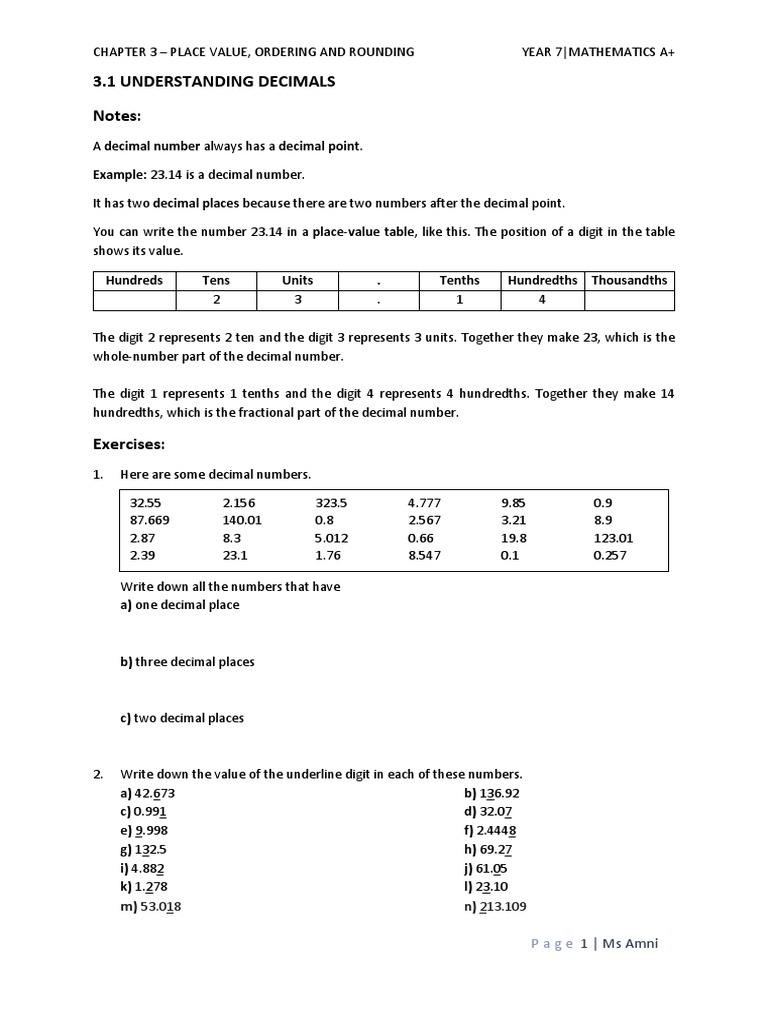 Chapter 3 - Place Value, Ordering and Rounding PDF | PDF