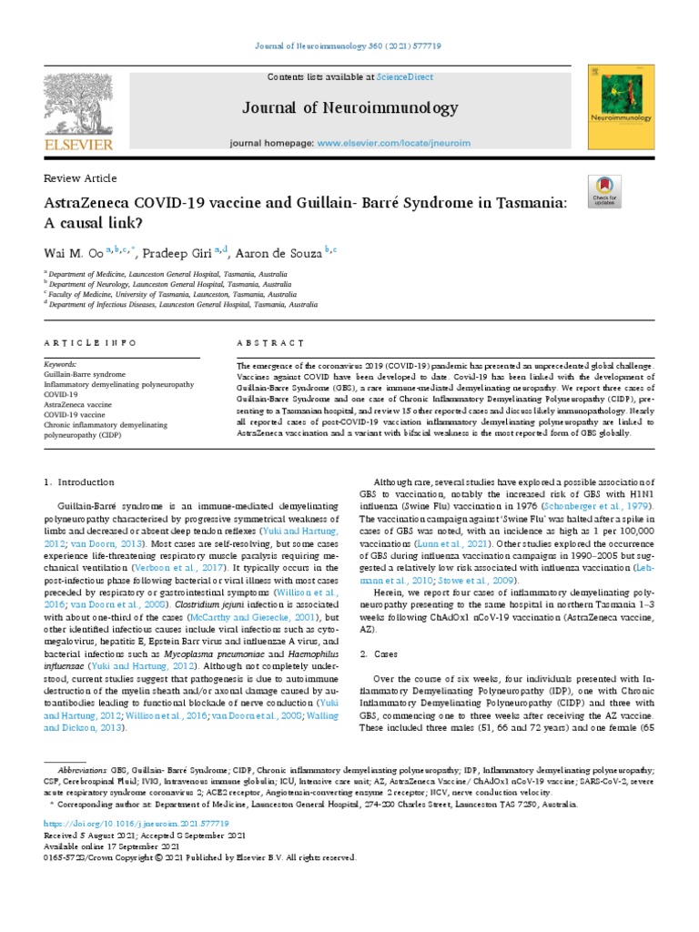 AstraZeneca COVID-19 Vaccine and Guillain - Barre Syndrome in Tasmania ...