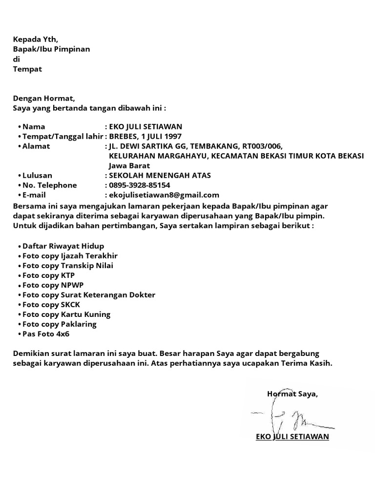 Lamaran Kerja Eko Juli Setiawan | PDF