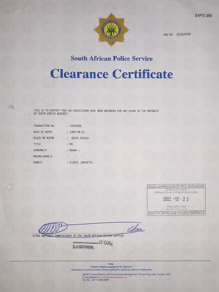 South African Police Clearance Certificate | PDF