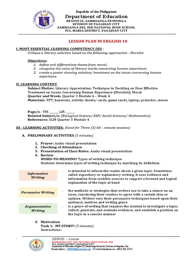 Moral Analysis in English 10 Lesson Plan | PDF | Learning | Thought