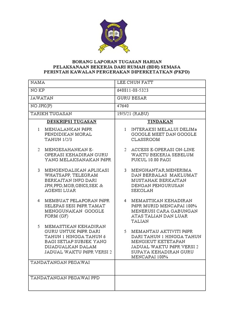 Borang Laporan Tugasan Harian 19 | PDF