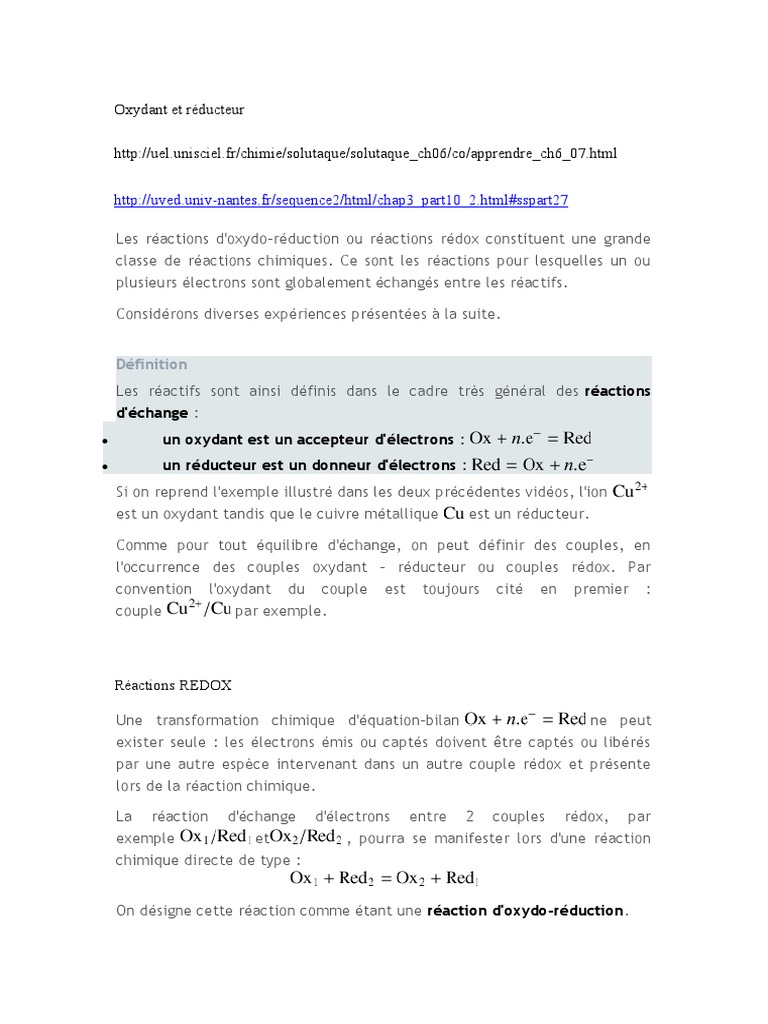 Réactions REDOX : Concepts et Équilibrage | PDF | Réaction d'oxydoréduction | Liaison chimique