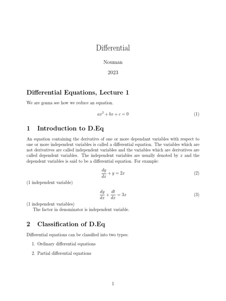 Differential Equations Lecture 1 Introduction | PDF | Equations | Differential Equations