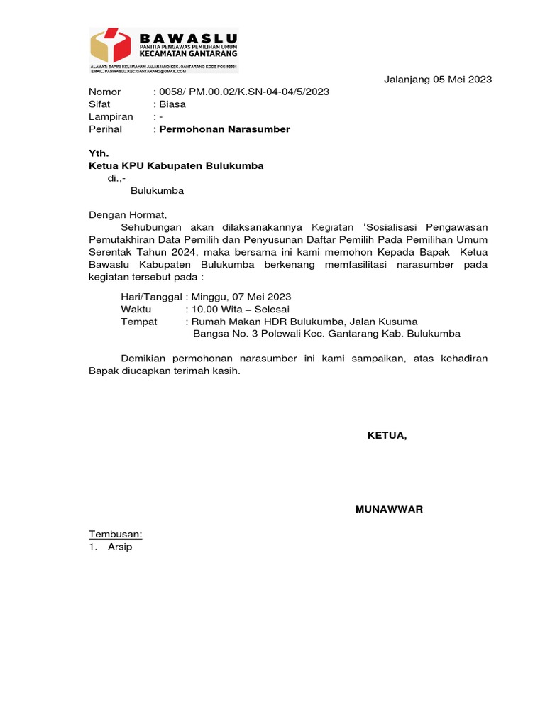 Undangan Permohonan Narasumber Kpu PDF | PDF