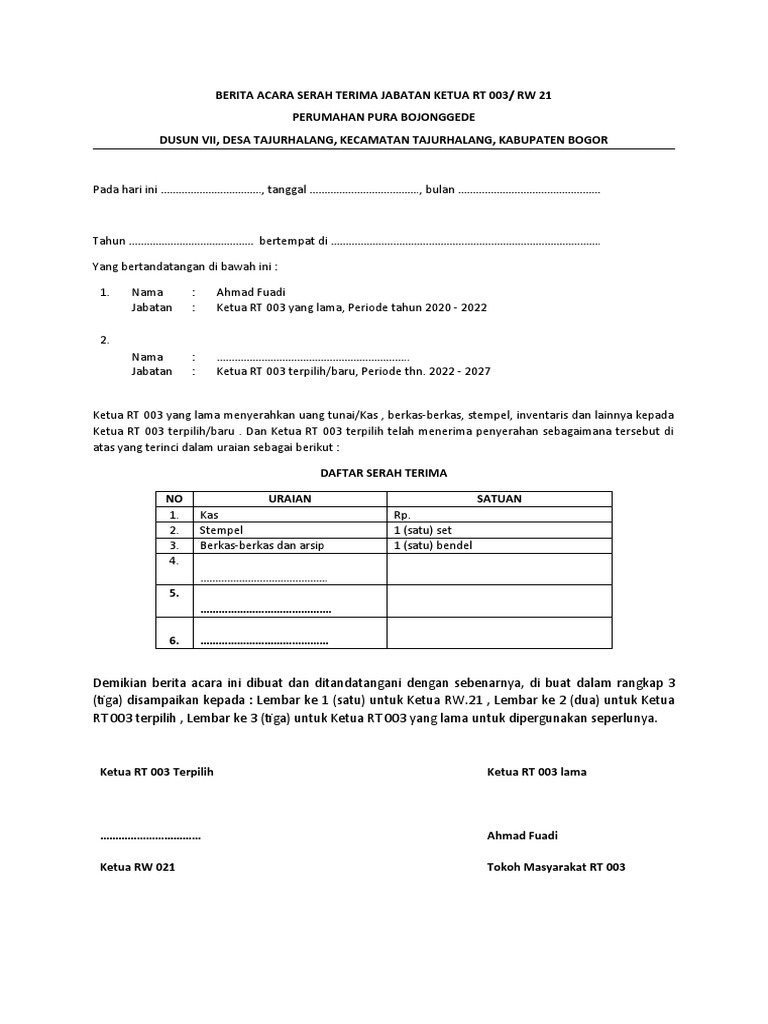 Berita Acara Serah Terima Jabatan Ketua RT 003 | PDF