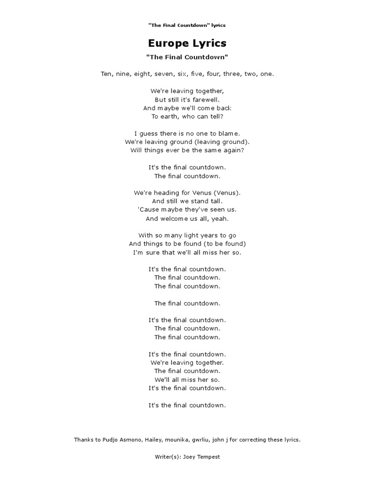 Europe - The Final Countdown Lyrics | PDF